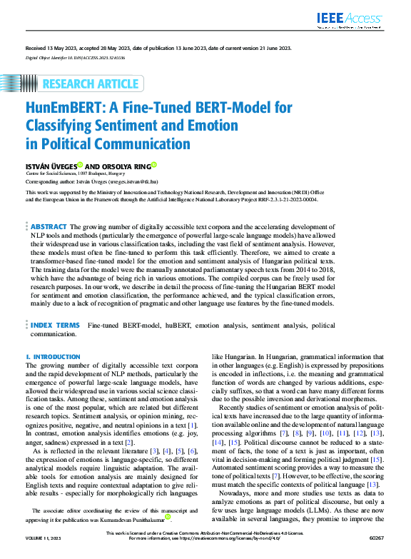 Pdf Hunembert Fine Tuning Bert For Hungarian Political Sentiment