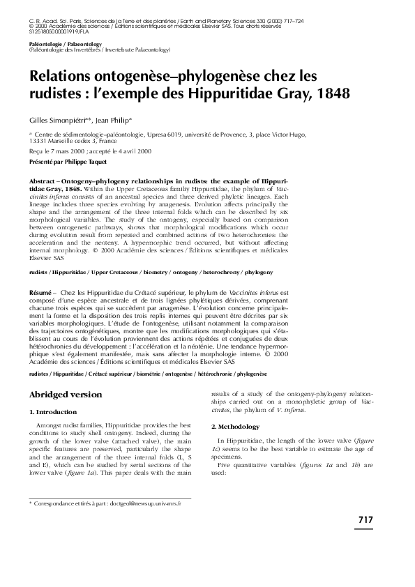 (PDF) Relations ontogenèse–phylogenèse chez les rudistes : l'exemple ...
