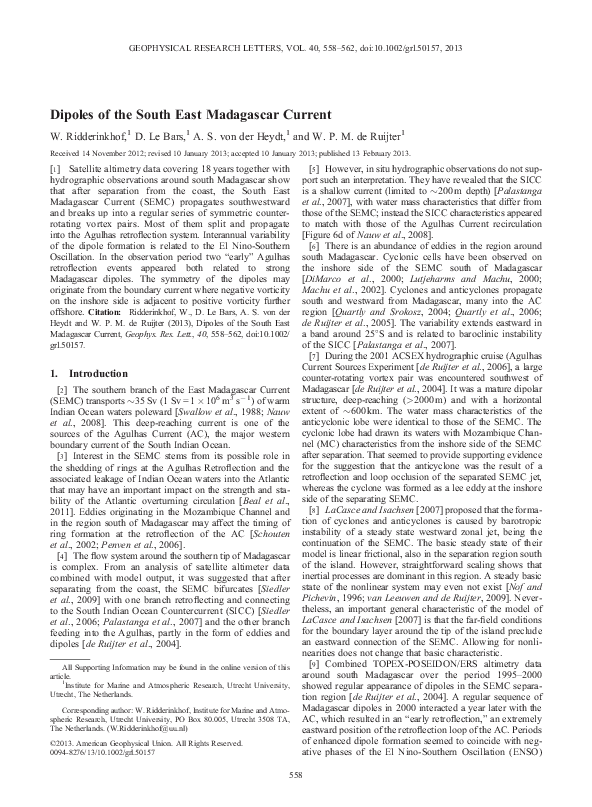 (PDF) Dipoles of the South East Madagascar Current