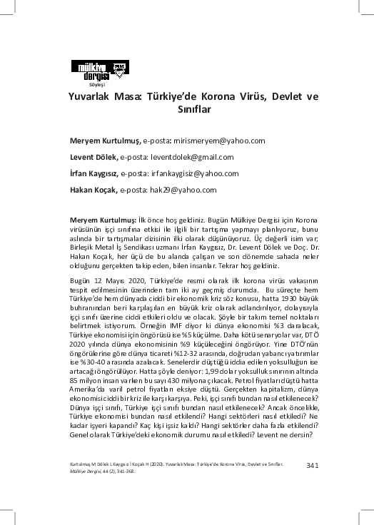 (PDF) Yuvarlak Masa: Türkiye’de Korona Virüs, Devlet ve Sınıflar