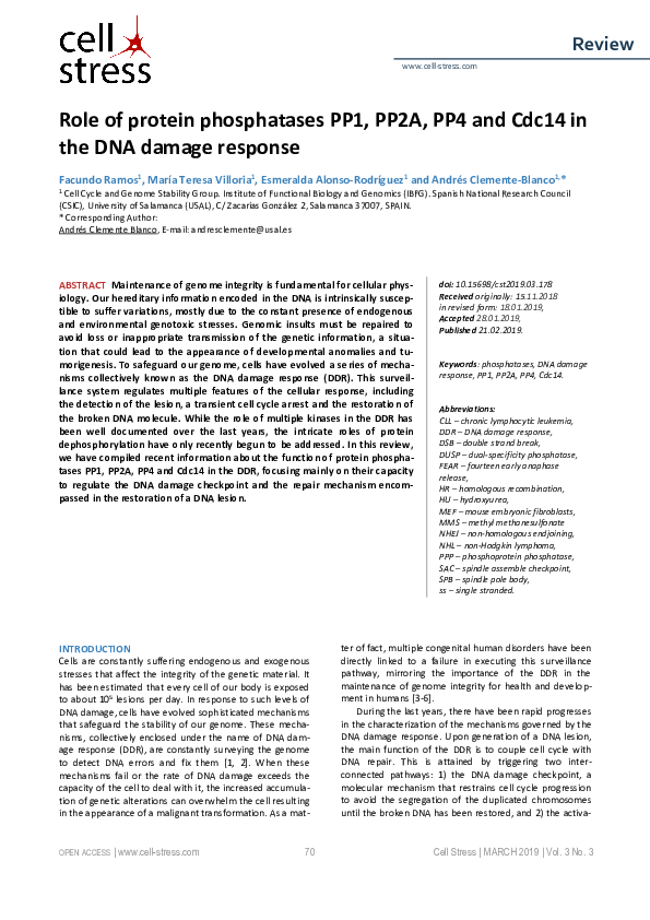 (PDF) Role of protein phosphatases PP1, PP2A, PP4 and Cdc14 in the DNA ...