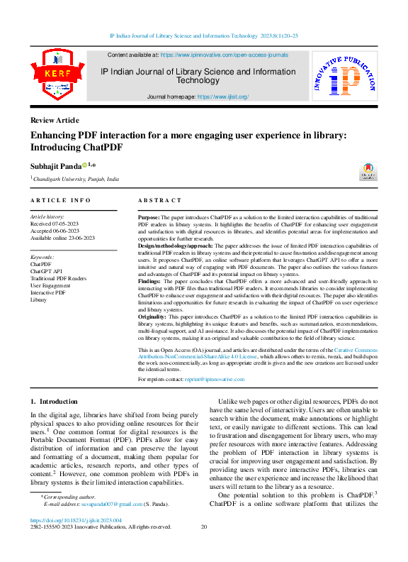 (PDF) Enhancing PDF interaction for a more engaging user experience in library: Introducing ChatPDF