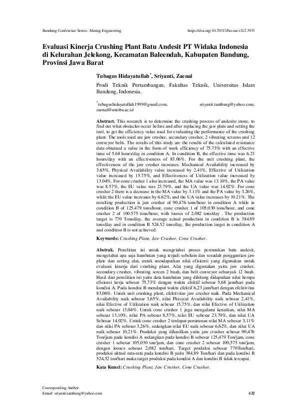 (PDF) Evaluasi Kinerja Crushing Plant Batu Andesit PT Widaka Indonesia ...