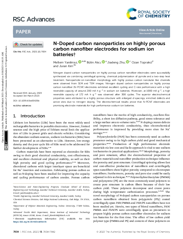 (PDF) N-Doped carbon nanoparticles on highly porous carbon nanofiber electrodes for sodium ion ...