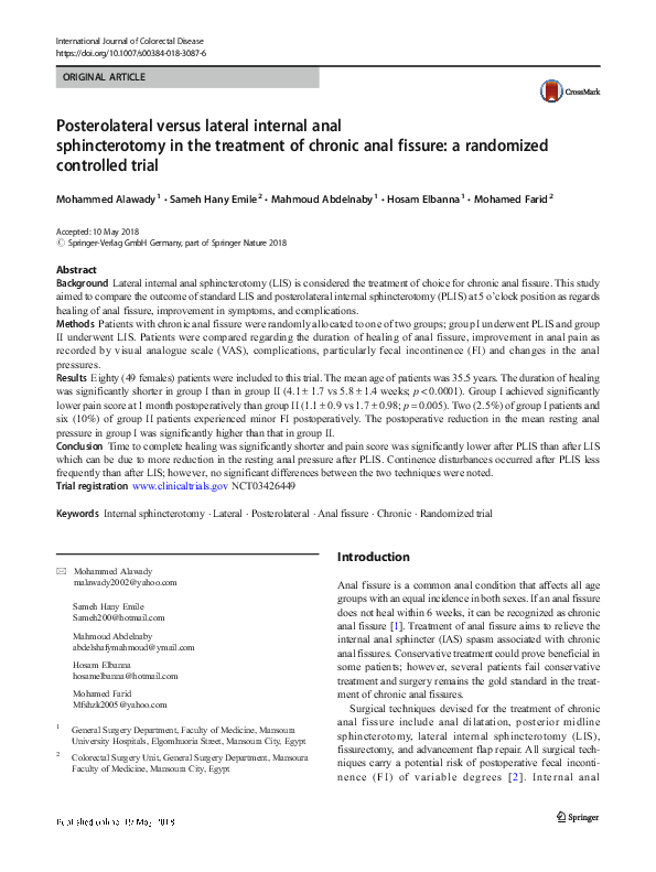 (PDF) Posterolateral versus lateral internal anal sphincterotomy in the ...