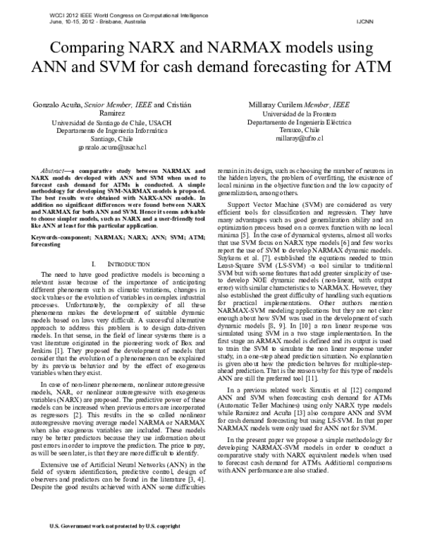 (PDF) Comparing NARX and NARMAX models using ANN and SVM for cash demand forecasting for ATM ...