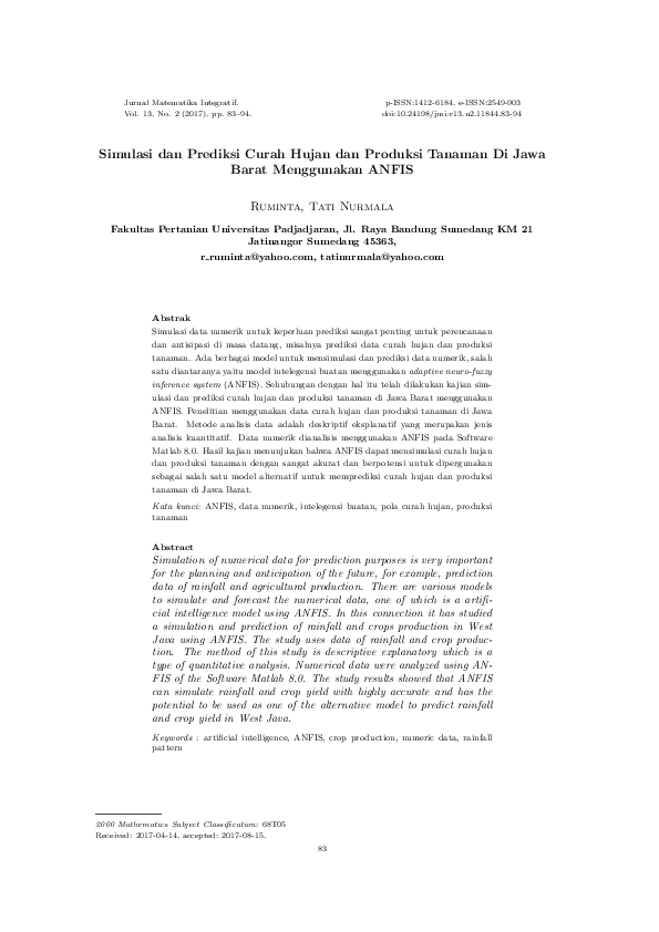 (PDF) Simulation and Prediction of Rainfall and Crop Yield in West Java Using ANFIS