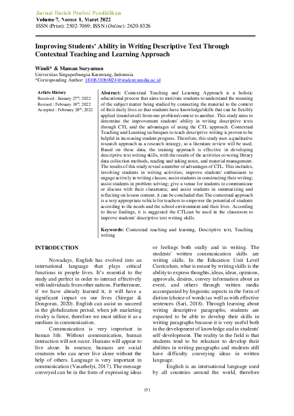 (PDF) Improving Students’ Ability in Writing Descriptive Text Through ...