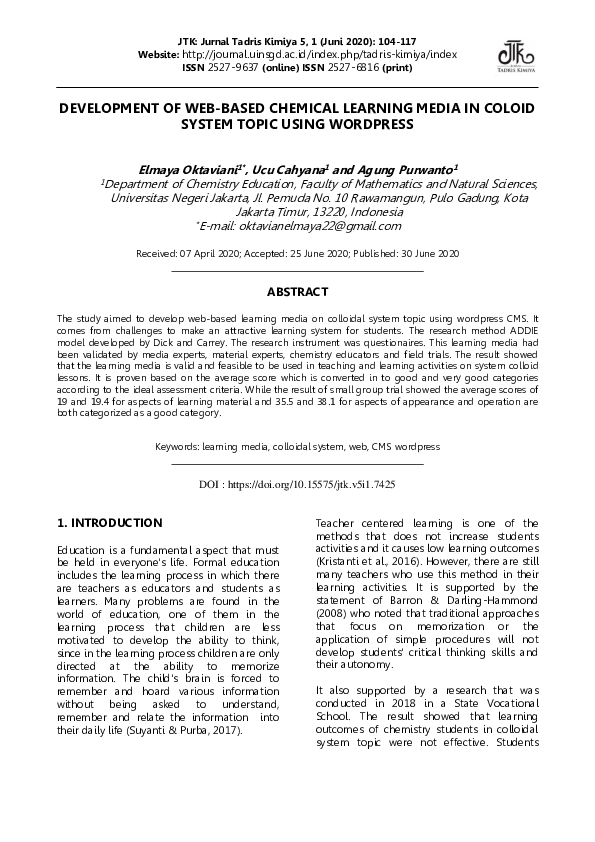 Pdf Development Of Web Based Chemical Learning Media In Coloid System Topic Using Wordpress 