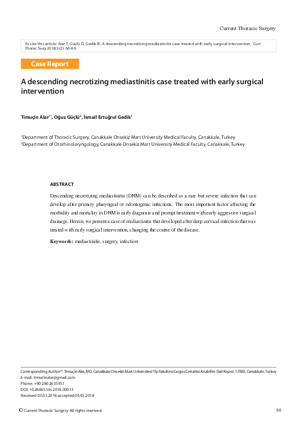 (PDF) A descending necrotizing mediastinitis case treated with early surgical intervention