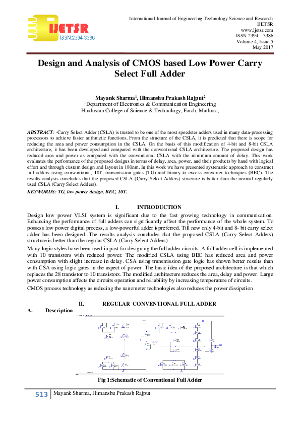 (PDF) Design and Analysis of CMOS based Low Power Carry Select Full Adder