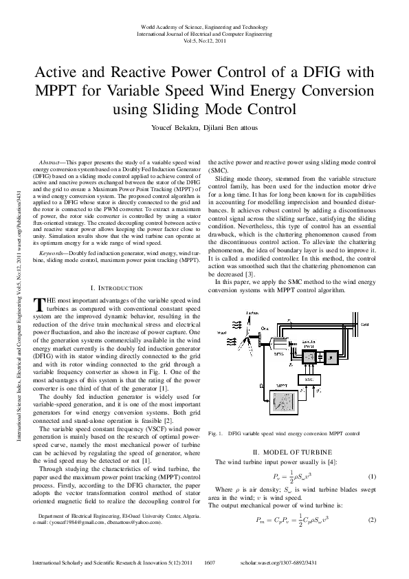 Pdf Power Control Of Dfig With Mppt For Wind Energy Using Sm Control