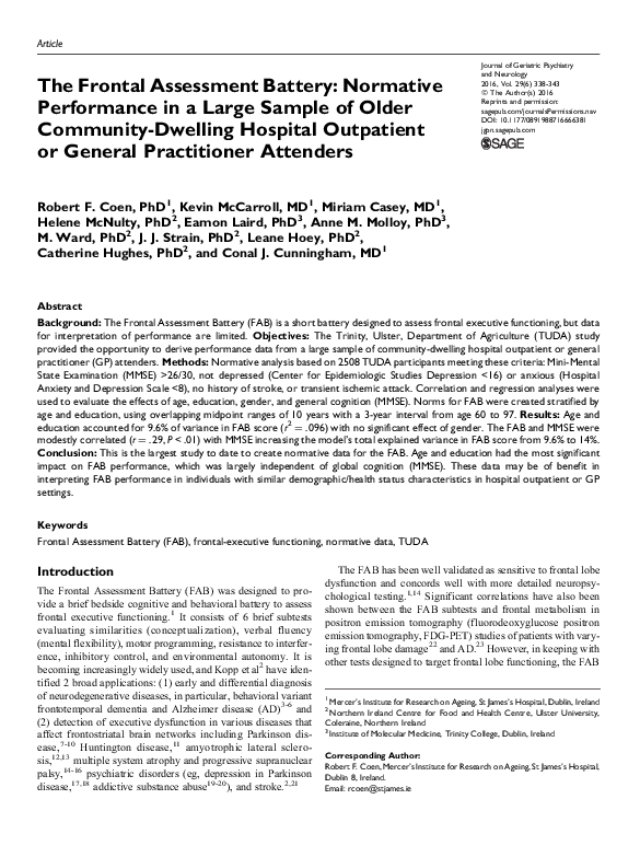 (PDF) The Frontal Assessment Battery: Normative Performance in a Large ...