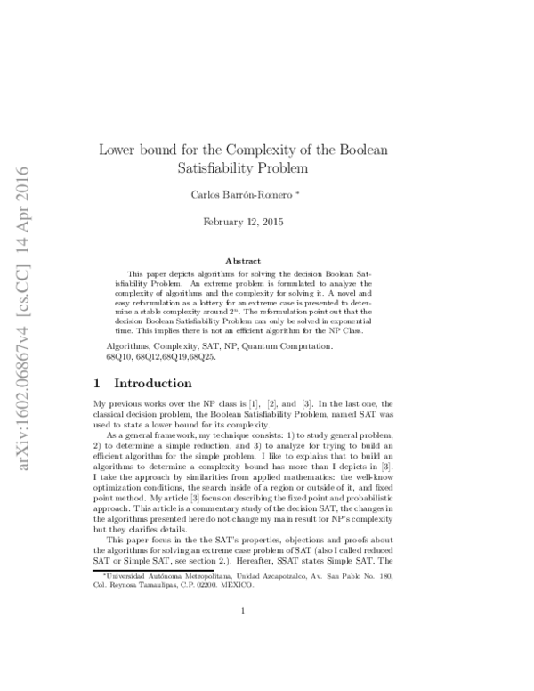 Pdf Lower Bound For The Complexity Of The Boolean Satisfiability Problem