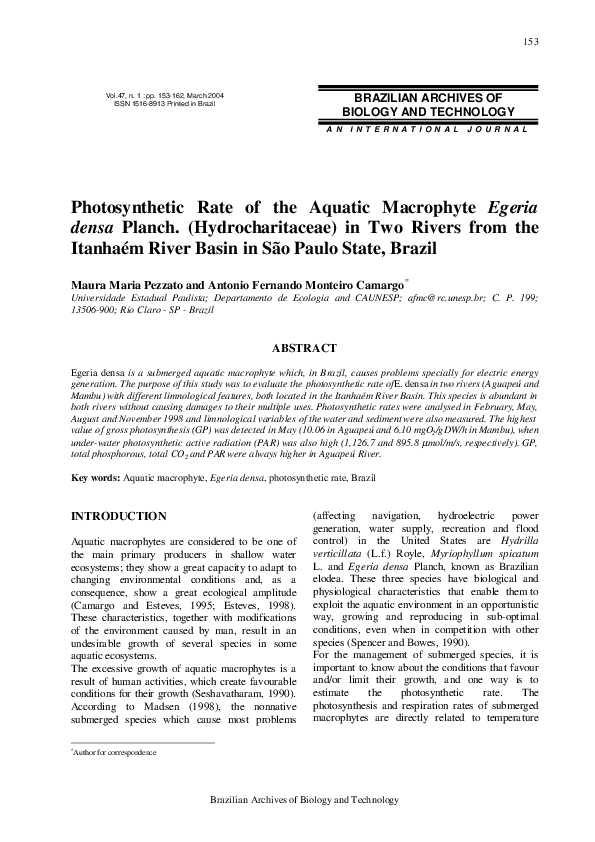 Pdf Photosynthetic Rate Of The Aquatic Macrophyte Egeria Densa Planch