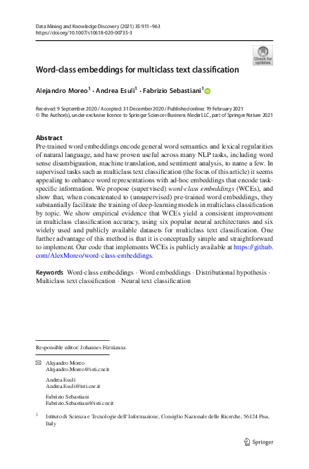 Pdf Word Class Embeddings For Multiclass Text Classification 8042