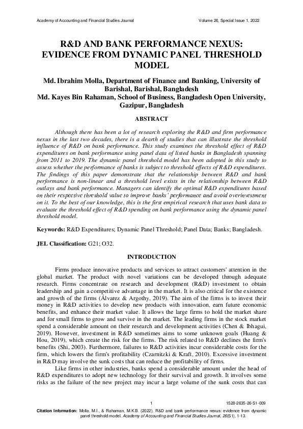 (PDF) R&D And Bank Performance Nexus: Evidence from Dynamic Panel ...