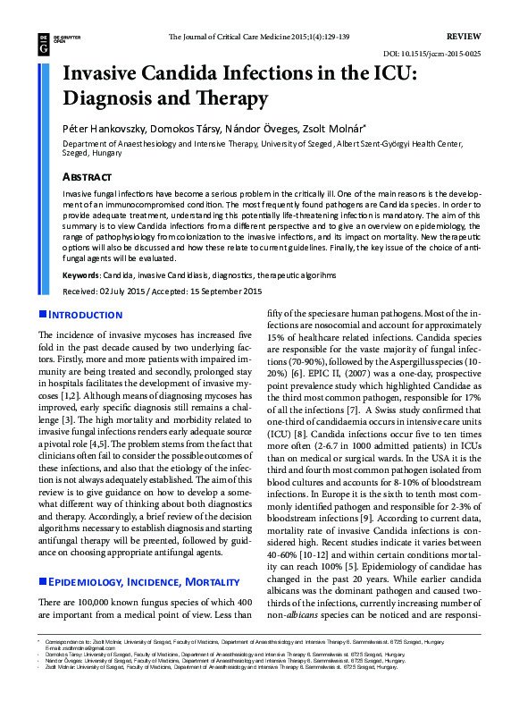 (PDF) Invasive Candida Infections in the ICU: Diagnosis and Therapy