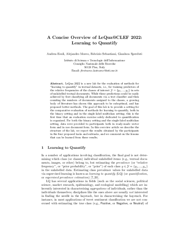 (PDF) A Concise Overview of LeQua@CLEF 2022: Learning to Quantify