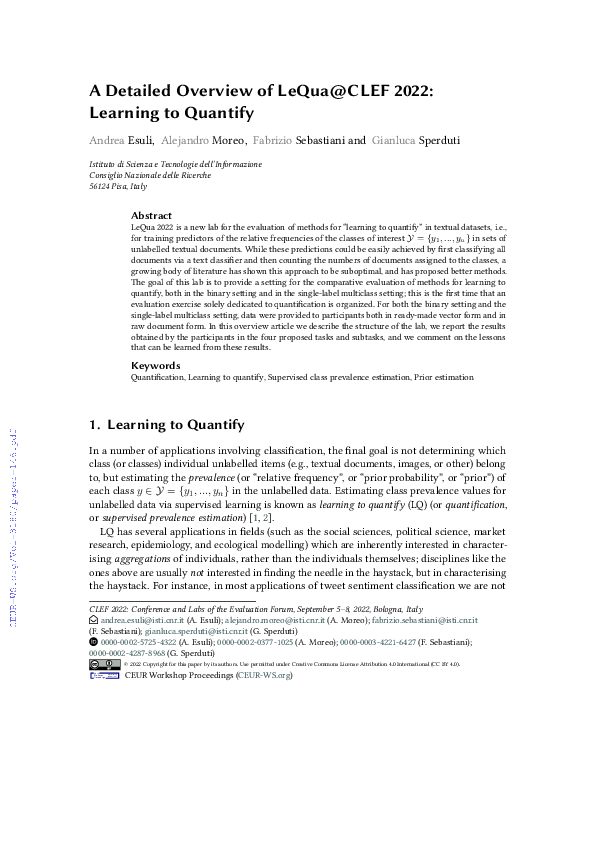 (PDF) A Detailed Overview of LeQua@CLEF 2022: Learning to Quantify