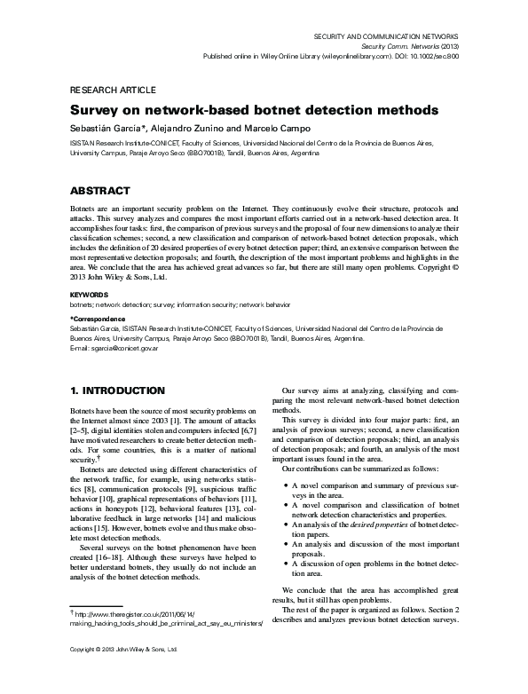 (PDF) Survey on network-based botnet detection methods