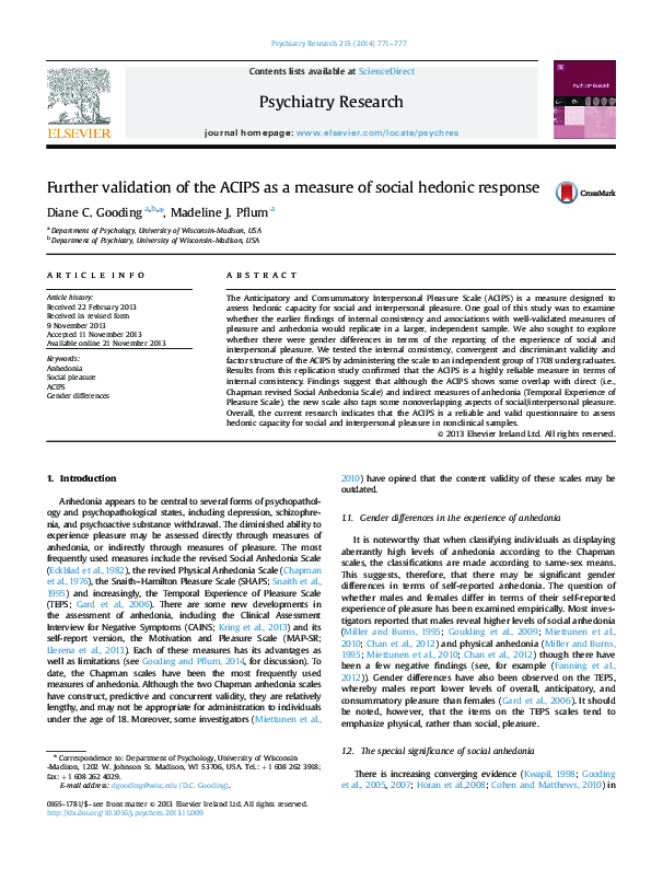 (PDF) Further validation of the ACIPS as a measure of social hedonic ...