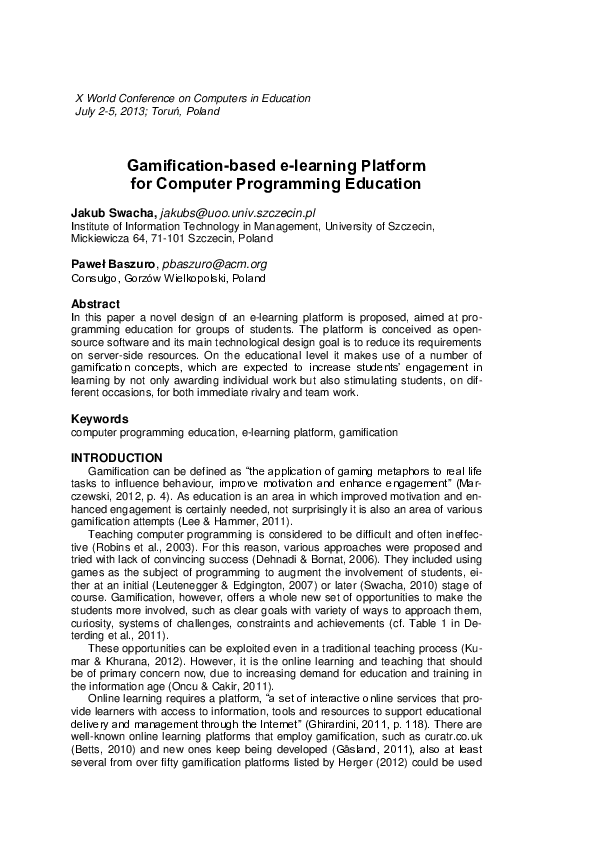 (PDF) Gamification-based e-learning Platform for Computer Programming Education