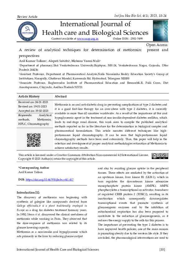 Pdf A Review Of Analytical Techniques For Determination Of Metformin Present And Perspectives