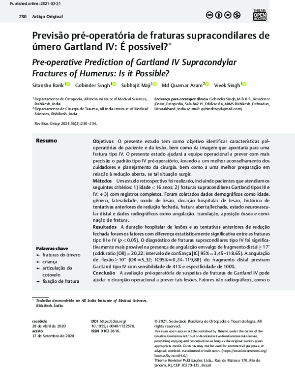 (PDF) Preoperative Prediction of Gartland IV Supracondylar Fractures of ...