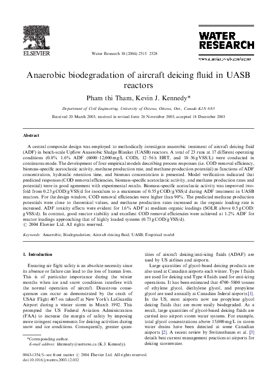 (PDF) Anaerobic biodegradation of aircraft deicing fluid in UASB reactors