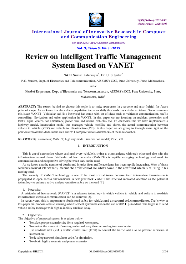 Pdf Review On Intelligent Traffic Managementsystem Based On Vanet