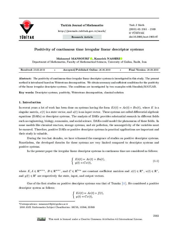 (PDF) Positivity of continuous time irregular linear descriptor systems