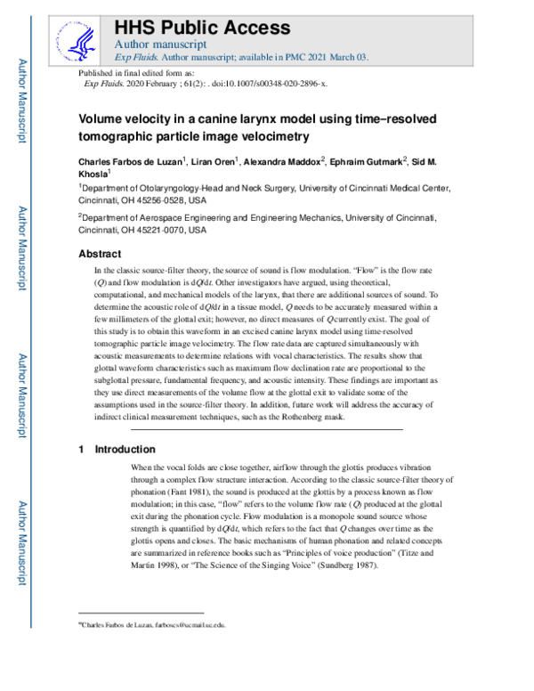 (PDF) Volume velocity in a canine larynx model using time-resolved tomographic particle image ...