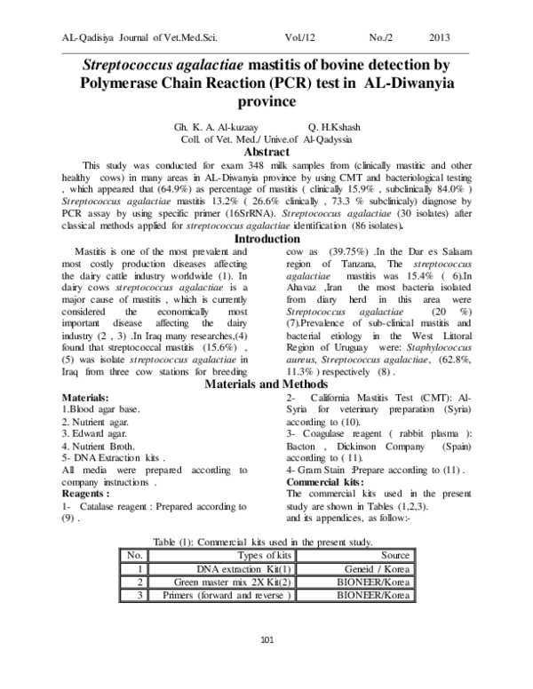 Pdf Streptococcus Agalactiae Mastitis Of Bovine Detection By Polymerase Chain Reaction Pcr