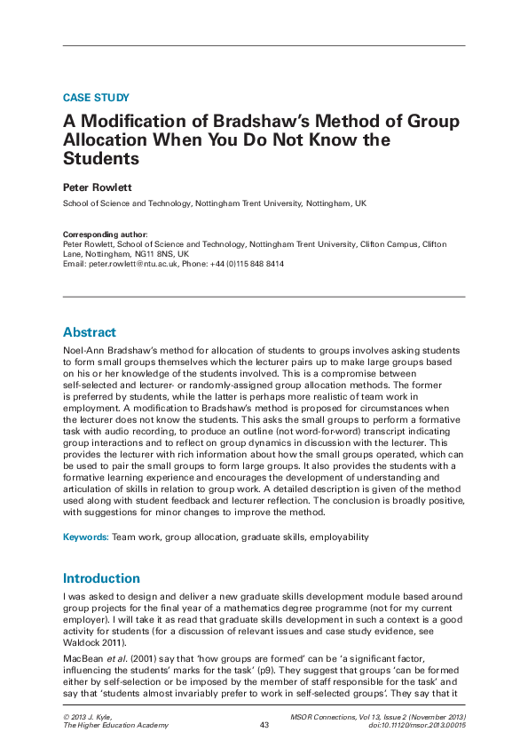 (PDF) A Modification of Bradshaw's Method of Group Allocation When You ...