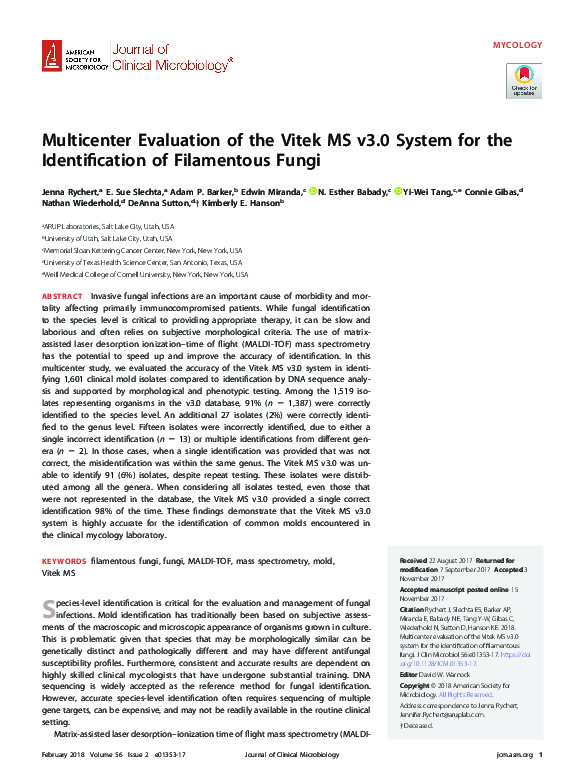 (PDF) Multicenter Evaluation of the Vitek MS v3.0 System for the Identification of Filamentous Fungi