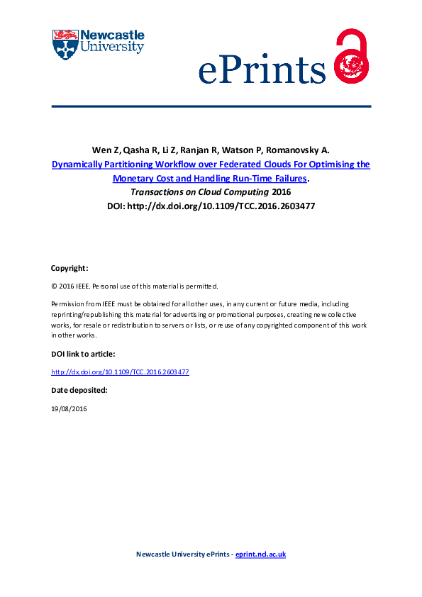 Dynamically Partitioning Workflow Over Federated Clouds For Optimising The Monetary Cost And