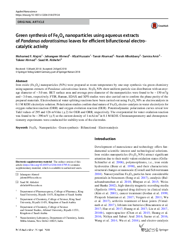 (PDF) Green synthesis of Fe3O4 nanoparticles using aqueous extracts of Pandanus odoratissimus ...
