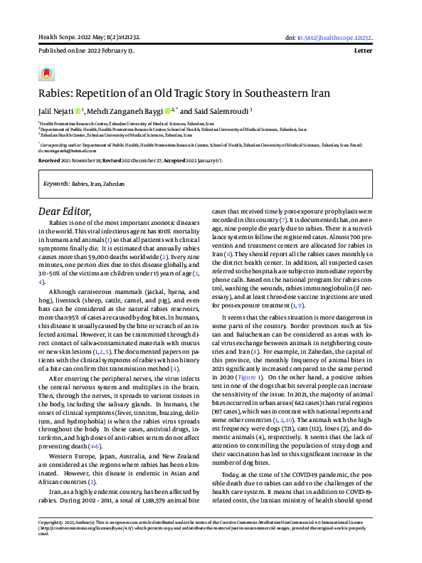 (PDF) Rabies: Repetition of an Old Tragic Story in Southeastern Iran