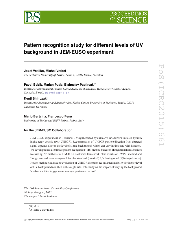 (PDF) Pattern recognition study for different levels of UV background in JEM-EUSO experiment