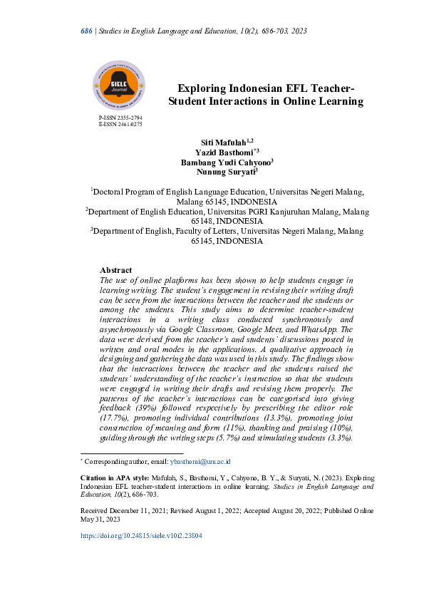 (PDF) Exploring Indonesian EFL teacher-student interactions in online learning