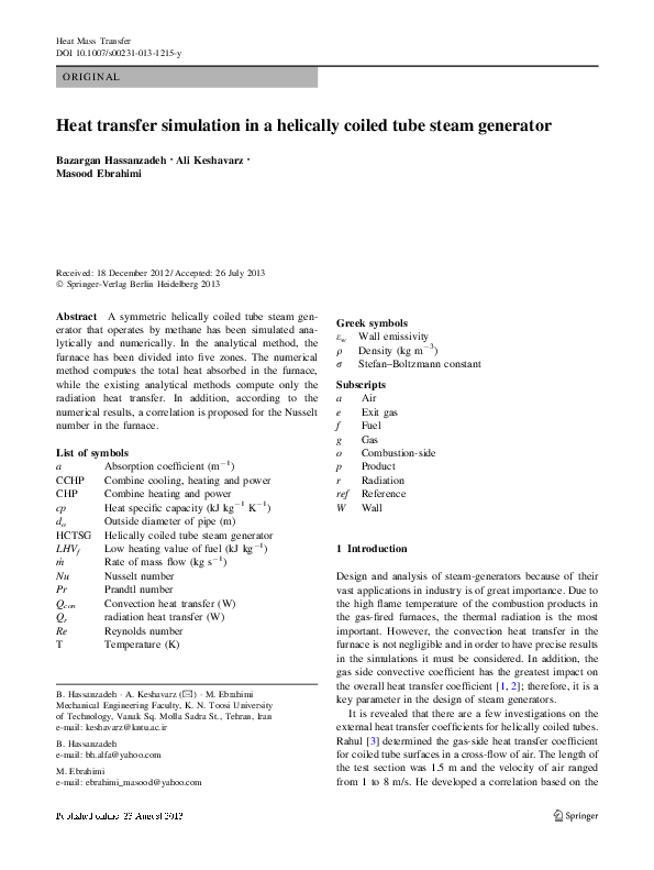 (PDF) Heat transfer simulation in a helically coiled tube steam generator