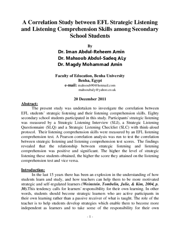 (PDF) A Correlation Study between EFL Strategic Listening and Listening ...