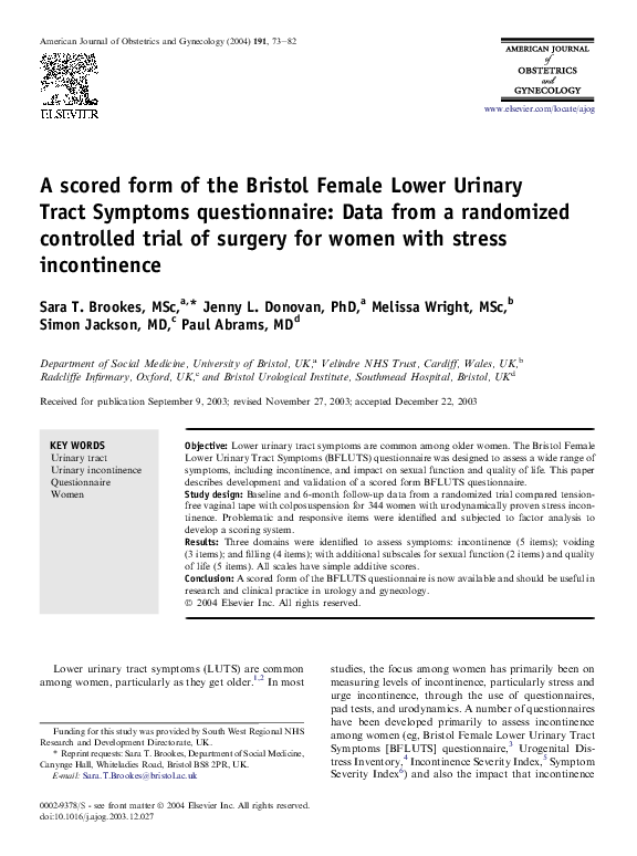(PDF) A scored form of the Bristol Female Lower Urinary Tract Symptoms questionnaire: Data from ...