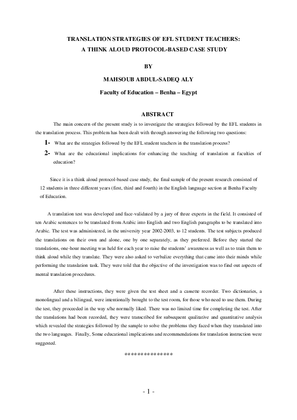 (PDF) Translation Strategies of EFL Student Teachers: A Think Aloud ...
