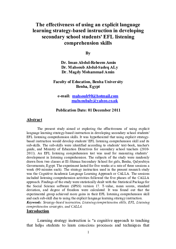 (PDF) The Effectiveness of Using an Explicit Language Learning Strategy-Based Instruction in ...