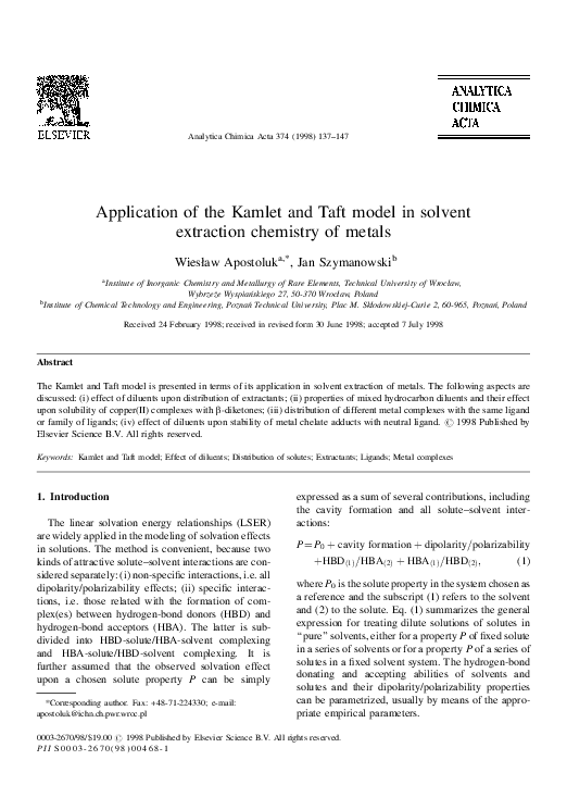 (PDF) Application of the Kamlet and Taft model in solvent extraction ...