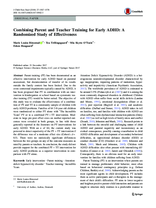 (PDF) Combining Parent and Teacher Training for Early ADHD: A ...