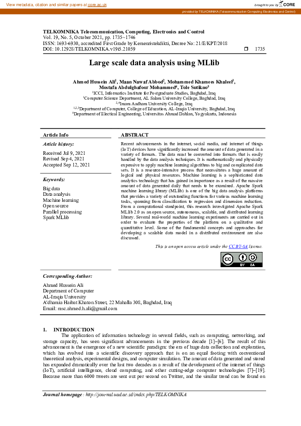 (PDF) Large scale data analysis using MLlib