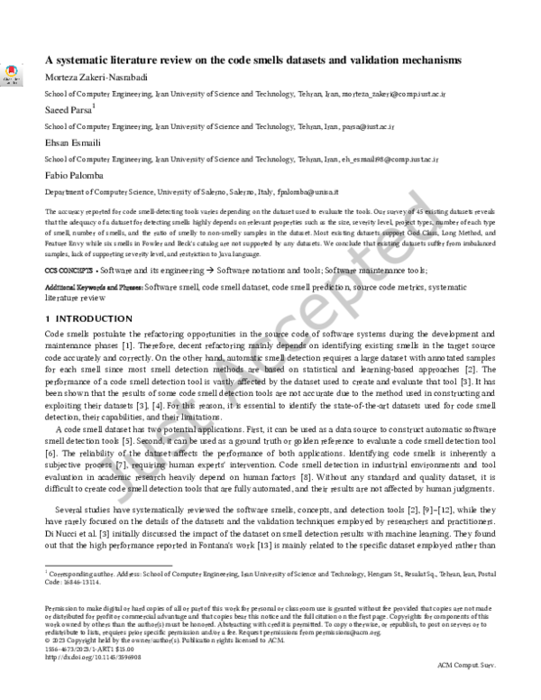 (PDF) A Systematic Literature Review on the Code Smells Datasets and Validation Mechanisms